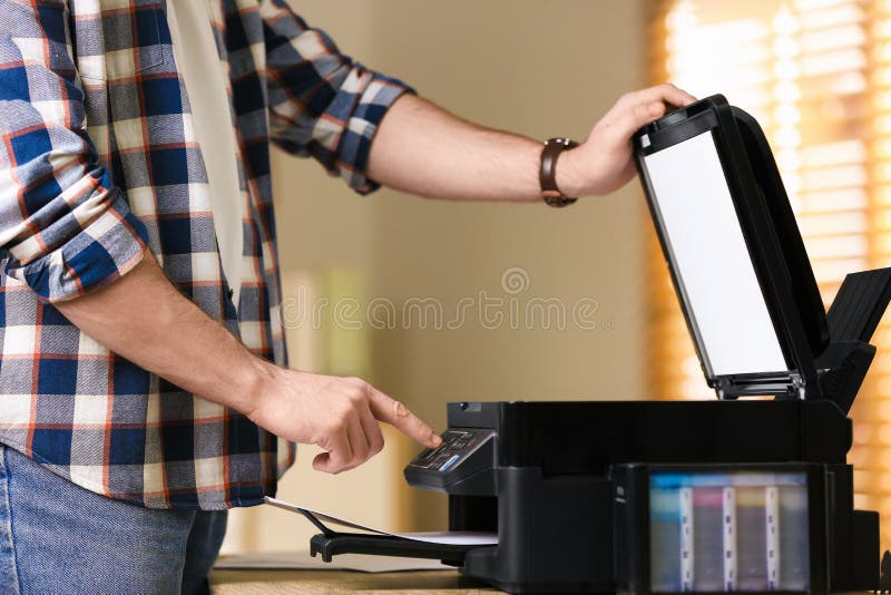 Man Using Modern Multifunction Printer in Office, Closeup Stock Photo - Image of closeup, paper ...