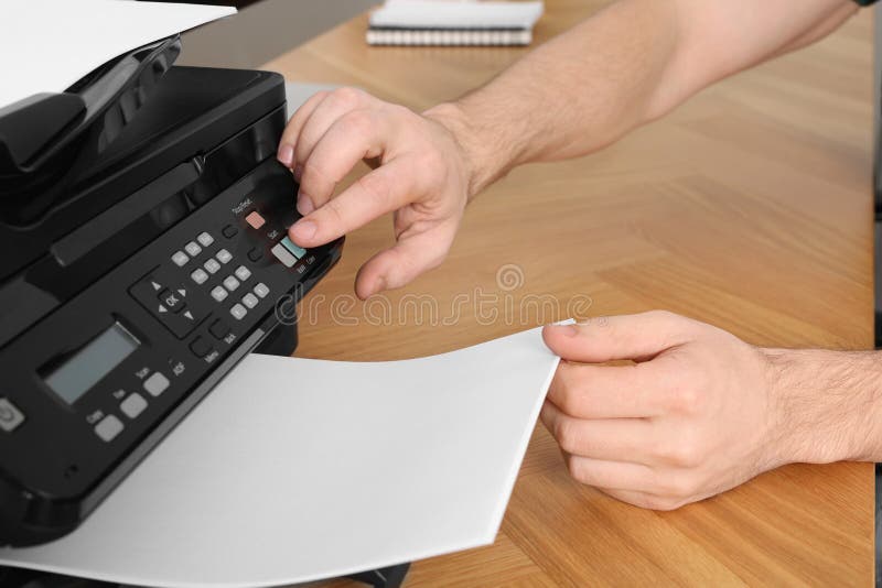 Man Using Modern Printer Wooden Table Indoors Closeup Stock Photos ...
