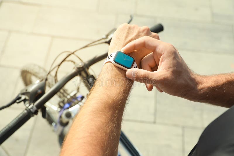 Man Using Modern Smart Watch during Training Outdoors, Closeup Stock ...