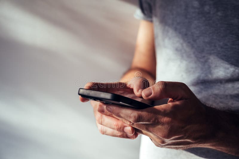 Man Using Modern Smartphone Portable Information Device To Type Text ...