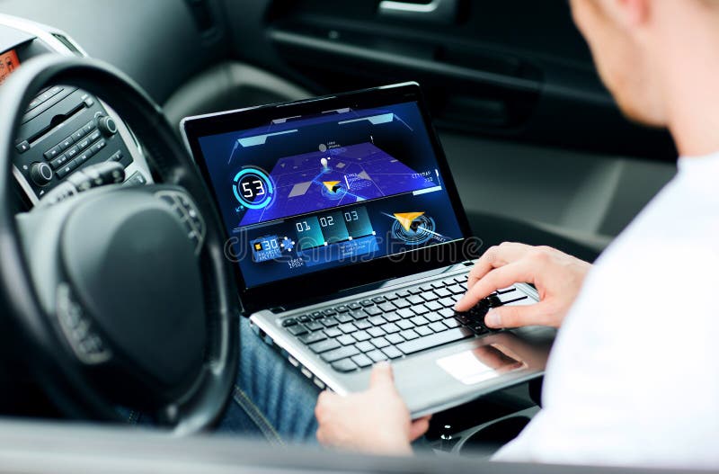 Man Using Navigation On Laptop Computer In Car Stock Image - Image of ...
