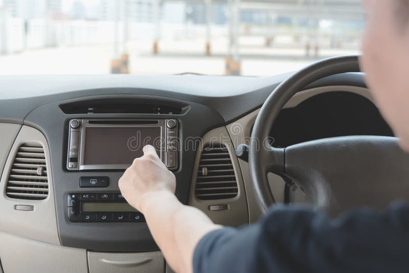 Man Using Navigation System while Driving a Car. GPS Navigation Panel ...