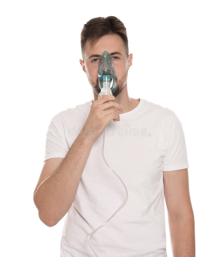 Man Using Nebulizer for Inhalation on White Background Stock Photo ...