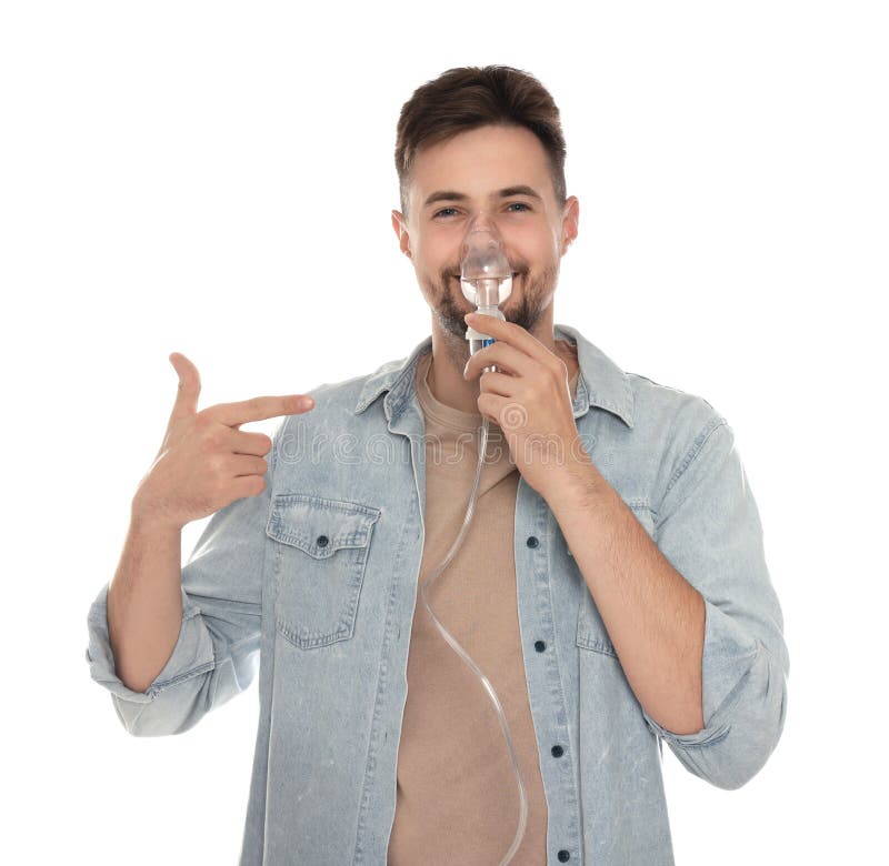 Man Using Nebulizer for Inhalation on White Background Stock Image ...