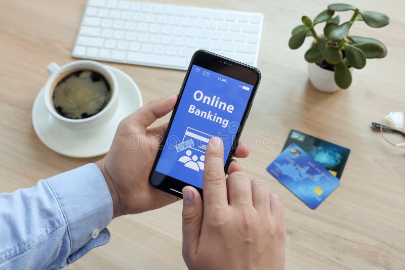 Man Using Online Banking App on Smartphone at Wooden Office Table ...