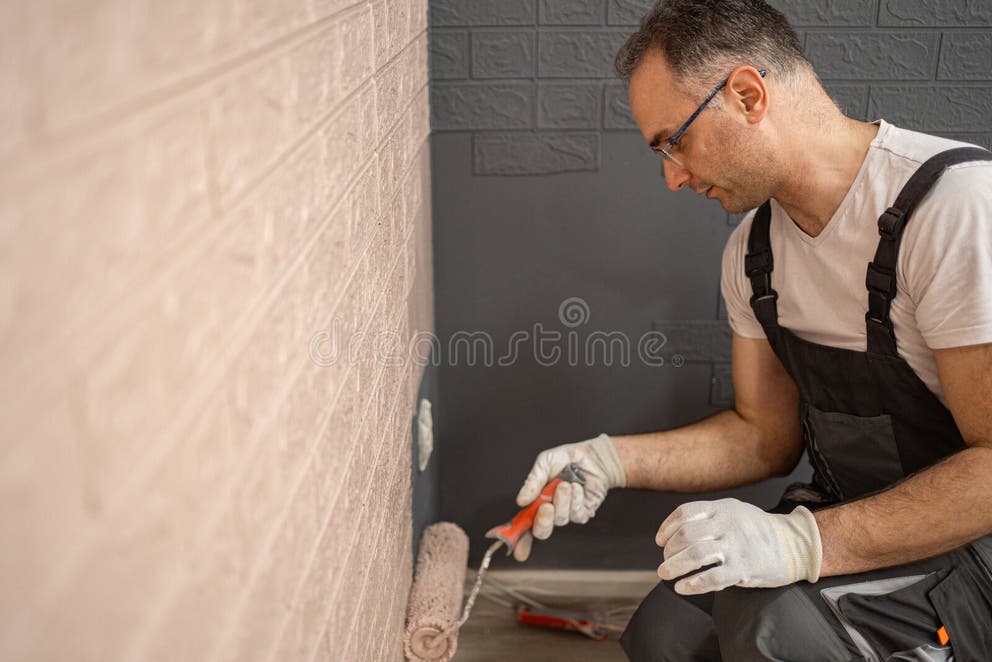 Man Painting Wall with Paint Roller Stock Image - Image of wall, room ...