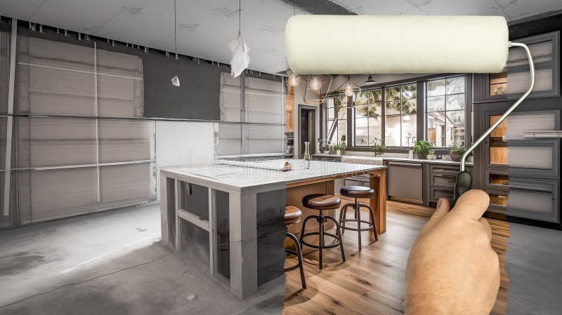 Before and after of Man Using Painting Roller Over Unfinished Construction Zone To Reveal ...