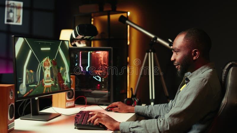 Man Using PC, Having Immersive Experience while Gaming Stock Video ...