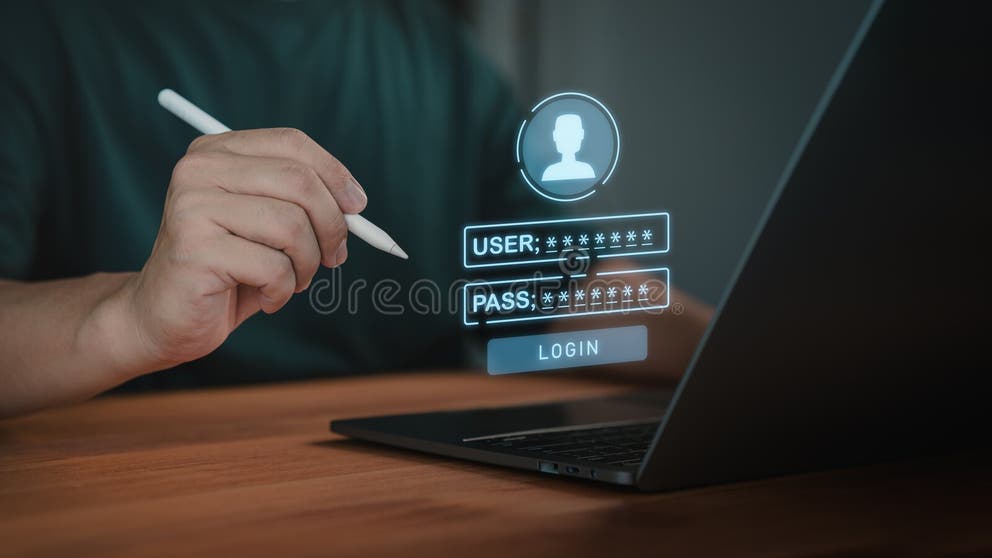 Man Using a Pen Pointing for Login Screen with Username and Password ...