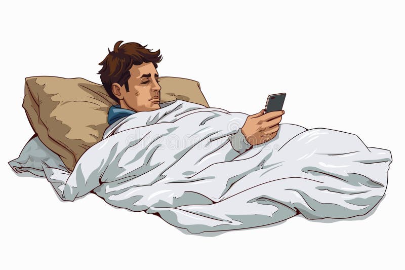 Man Using Phone in Bed Portrait Isolated Stock Vector - Illustration of ...