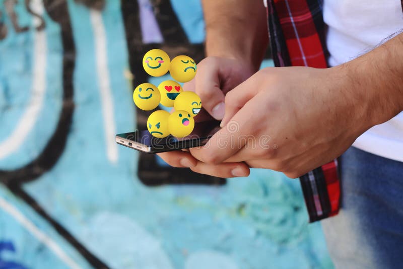 Man Using Phone Sending Emojis Stock Image - Image of face, online ...