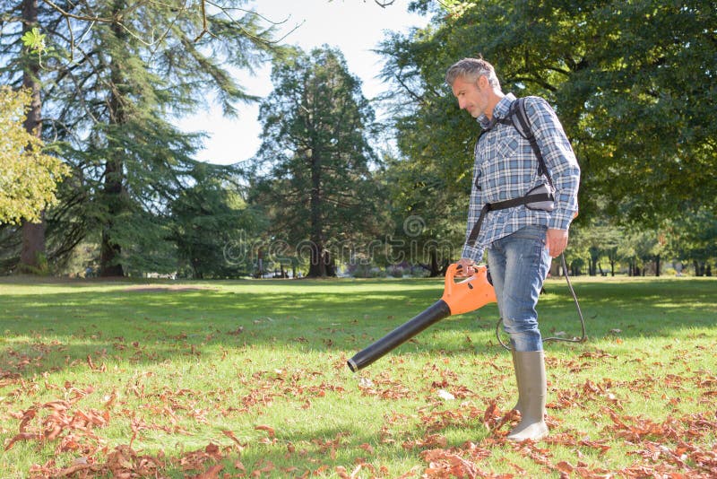 Man Using Portable Leaf Blower Stock Image - Image of middle, powered ...