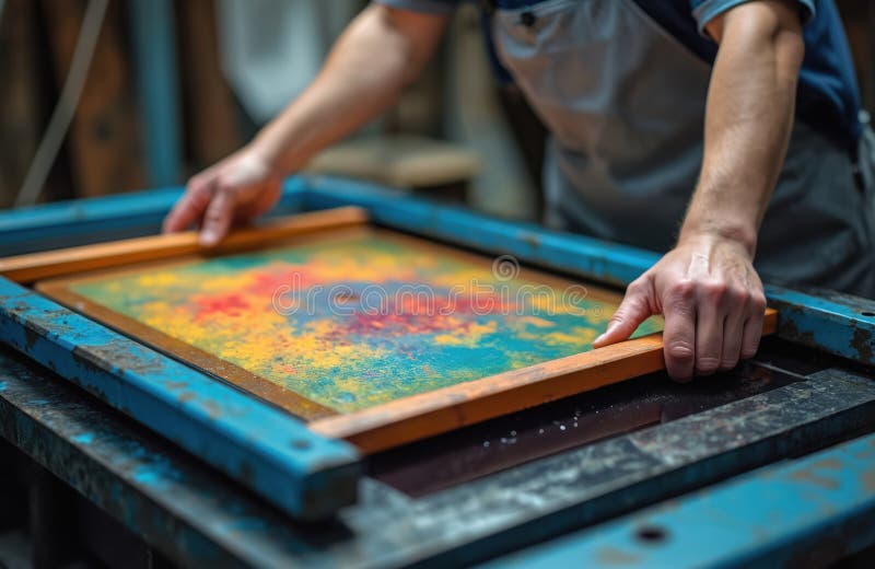 Man Using Printing Machine in Workshop. Male Worker Pressing Colorful ...