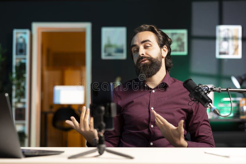Man Using Professional Microphone and Phone To Do Relaxing Content for ...