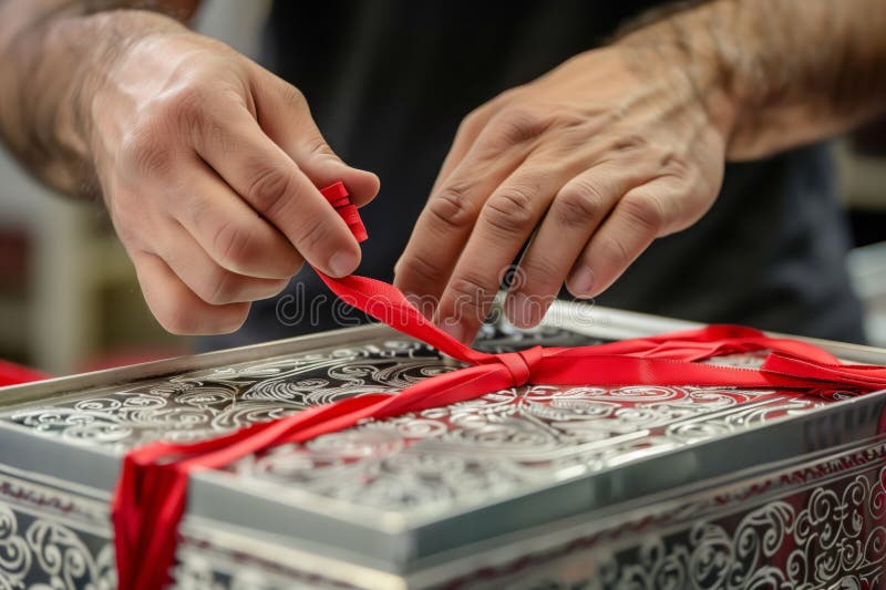 Man Using a Red Ribbon To Create an Intricate Pattern on a Silver Box ...