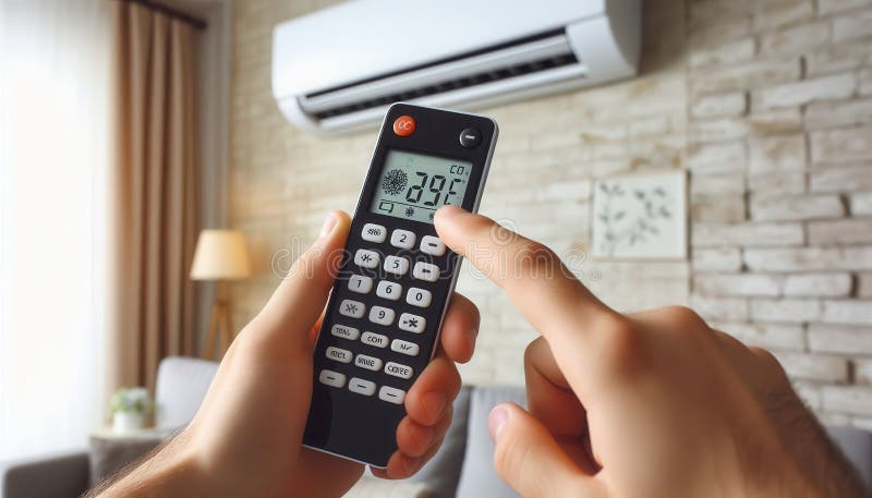 Man Using a Remote Control To Adjust the Temperature of an AC Unit ...