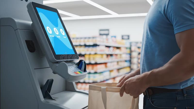 Man Using Self-checkout Kiosk in a Grocery Store, Scanning Items with a ...