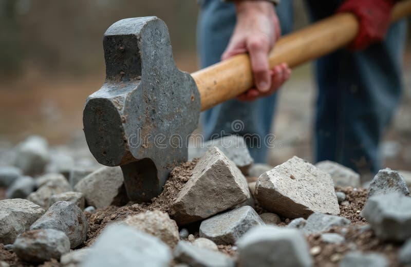 Man Using Sledgehammer Breaking Stone into Pieces. Construction Worker ...
