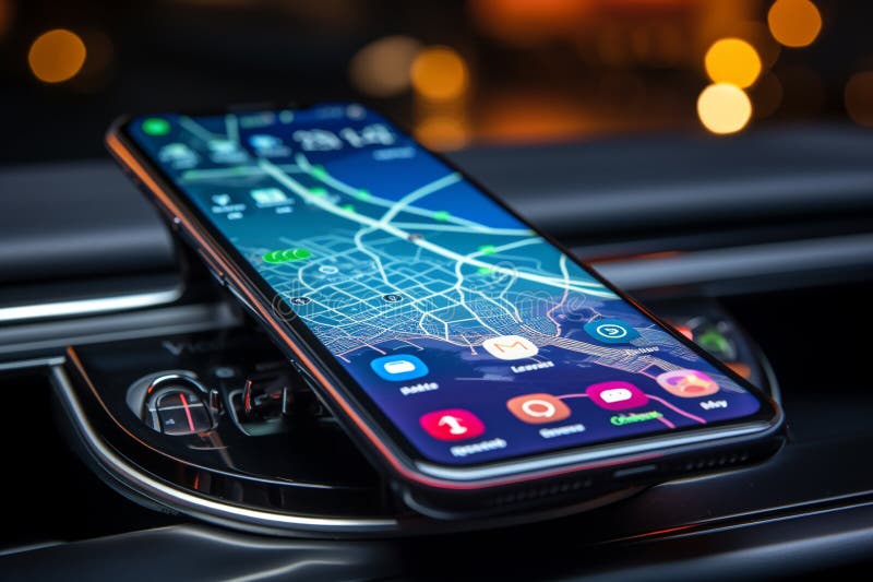 Man Using a Smart Phone Location in a Car Stock Illustration ...