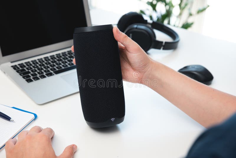 Man Using Smart Speaker. Smart Home Assistant Stock Photo - Image of ...