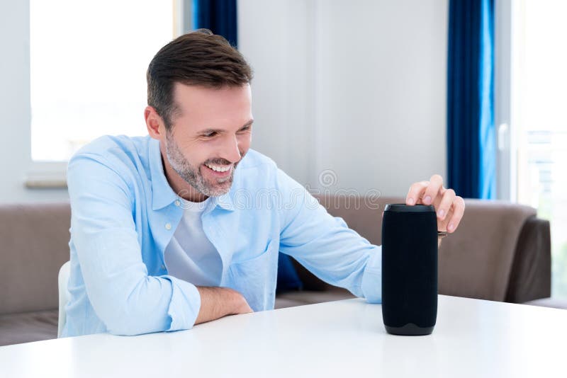 Man Using Smart Speaker, Home Assistant Stock Image - Image of ...