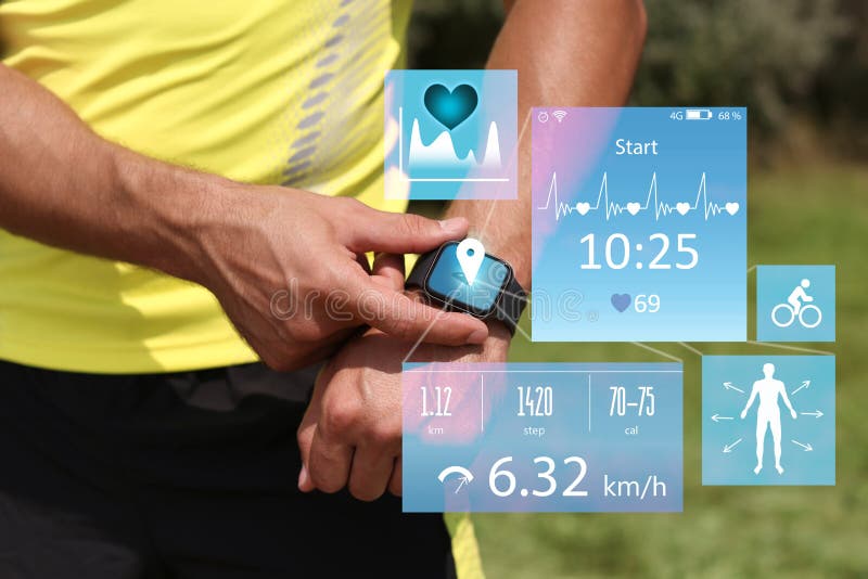 Man Using Smart Watch during Training, Closeup. Illustrations Near Hand ...