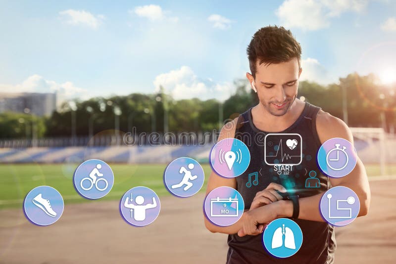 Man Using Smart Watch during Training. Icons Near Hand with Device ...