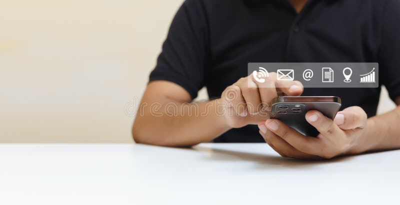 Man Using Smartphone with Contact and Work Icons. Application Online ...