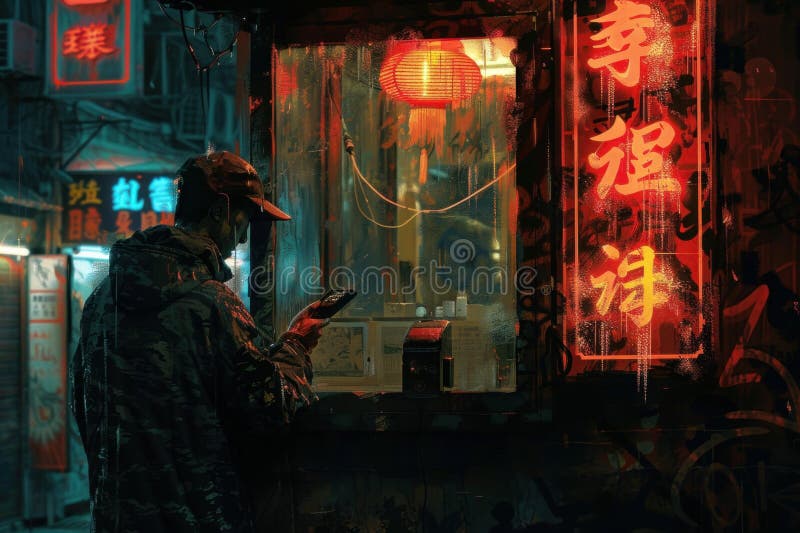 Man Using Smartphone in Cyberpunk City with Neon Lights Stock ...