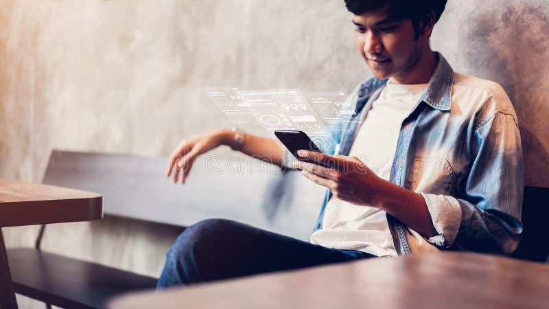 Man Using a Smartphone in the Display and Technology Advances in Stores ...