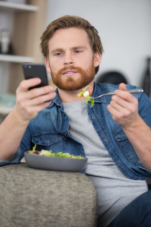 Man Using Smartphone while Eating Meal Stock Image - Image of healthy ...