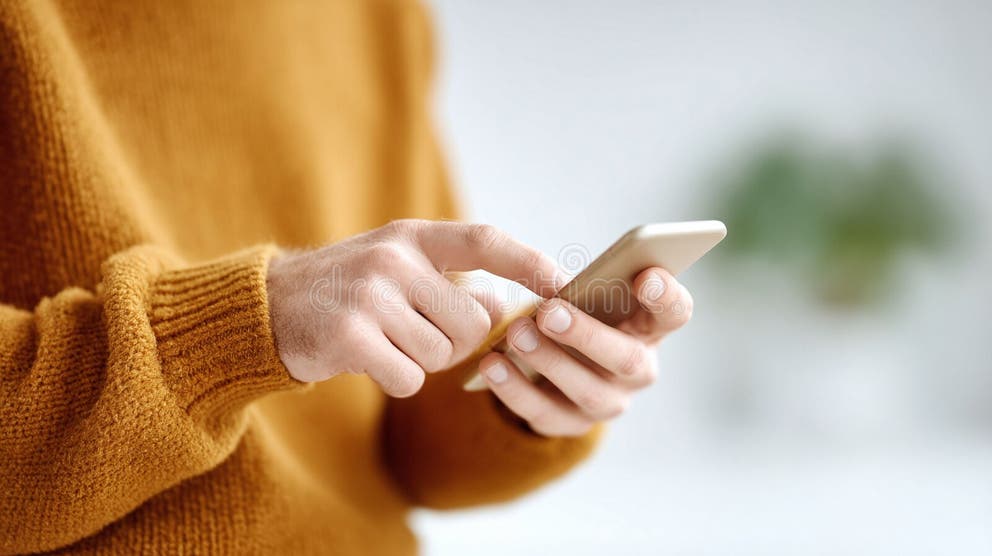 Man Using a Smartphone, Focus on Hands Holding and Interacting with the ...