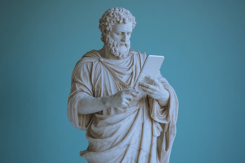 A Man is Using a Smartphone in Front of an Ancient Greek God Statue on ...