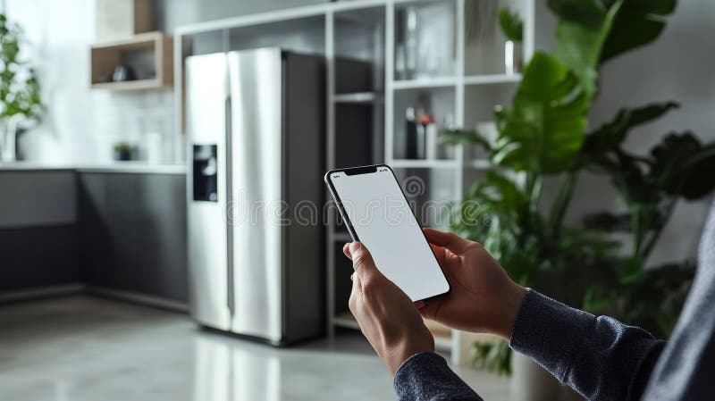 Man Using Smartphone, Kitchen Background. Close-Up Holding Blank Screen ...
