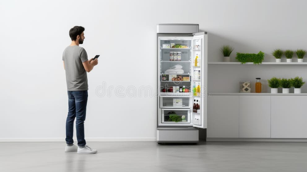 Man Using Smartphone while Looking at an Open Smart Fridge Stock Photo ...