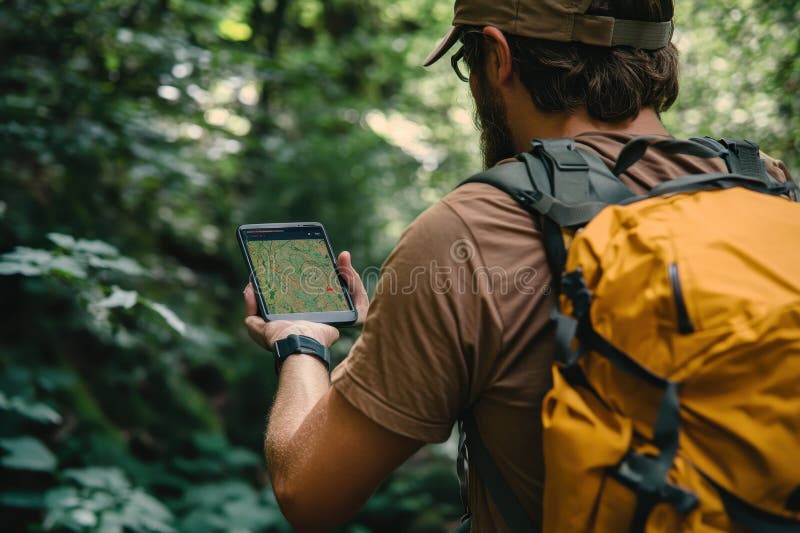 A Man Using a Smartphone with a Map App while Hiking in a Forest Stock ...