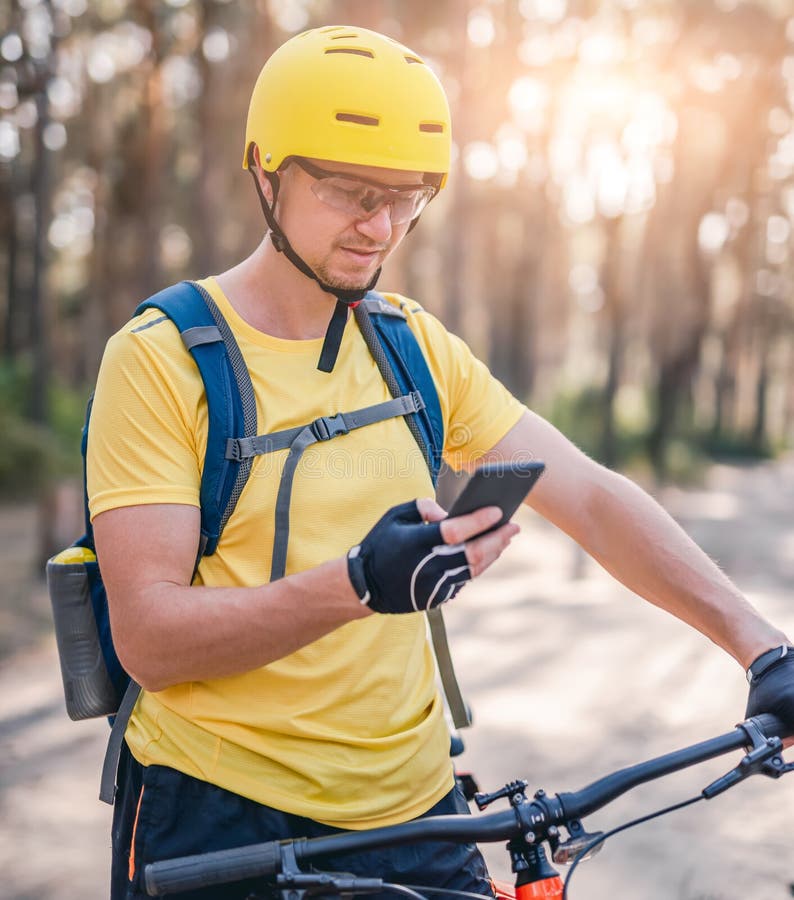 Man Using Smartphone with Map during Cycling Stock Image - Image of ...