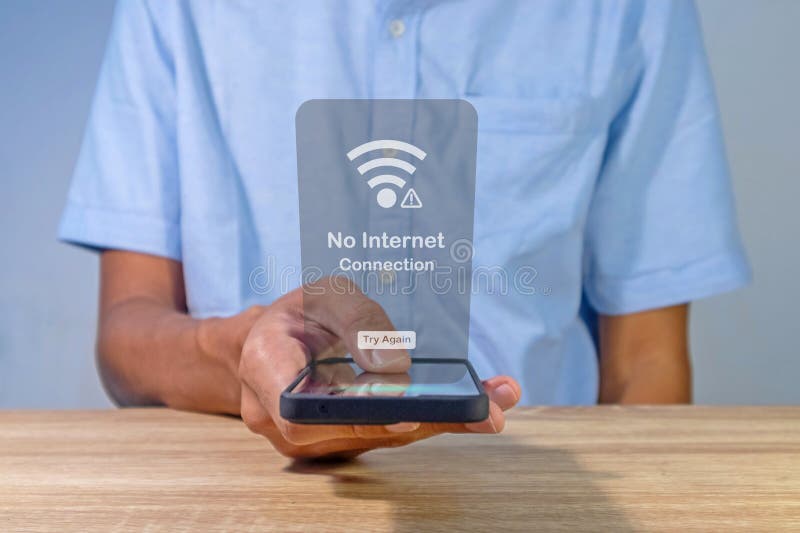Man Using a Smartphone with No Internet Connection on Screen. No ...