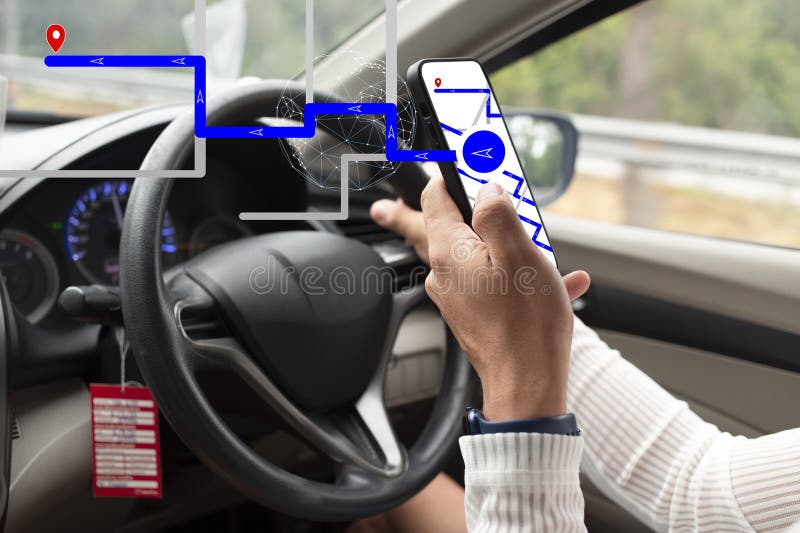 Man Using Smartphone and Open Map Application Location while Driving ...