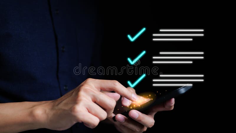 Man Using Smartphone and Place Checkmark on Online Form. Checklist and ...