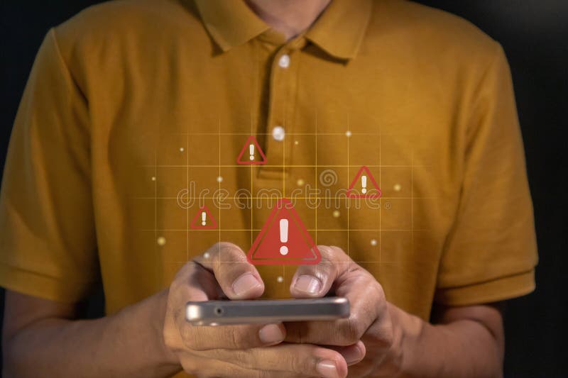 Man Using a Smartphone with Red Triangle Caution Warning Sign on ...