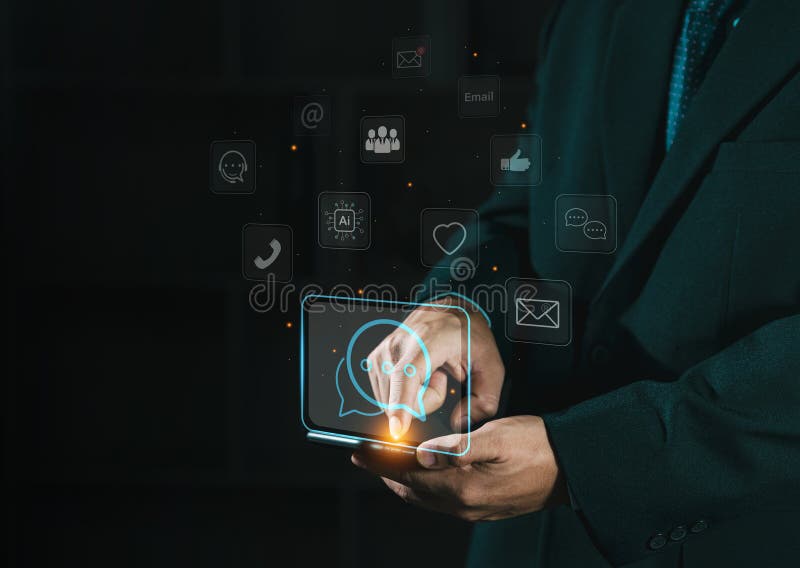 Man Using Smartphone with Speech Bubble and Emoticon Icon Concept for ...