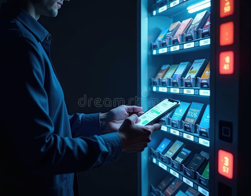 Man Using Smartphone To Pay at a Modern Book Vending Machine Stock ...