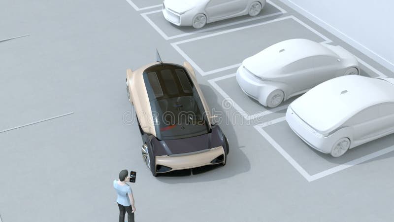Man Using Smartphone To Remote Control Car Parking. Self Parking System ...