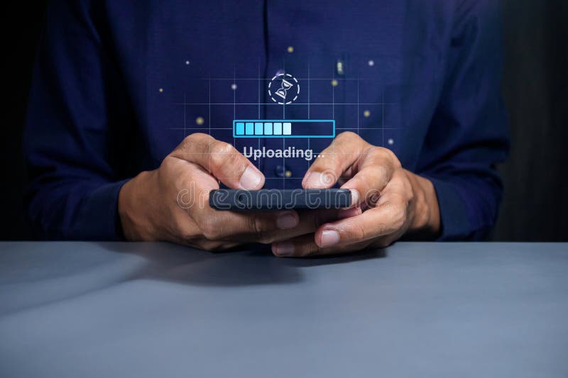 Man Using a Smartphone To Upload Data To Cloud Storage. Phone Data Backup and Cloud Data Storage ...