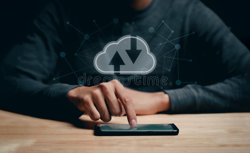 Man Using Smartphone with Virtual Cloud Computing with Connection Line.Cloud Computing System ...