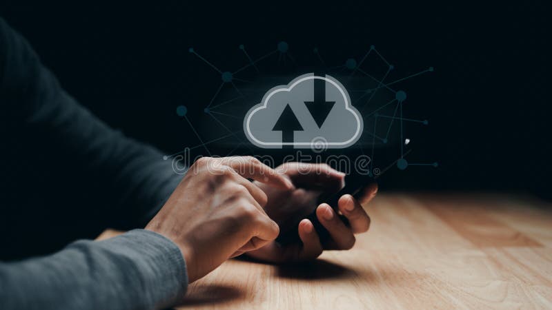 Man Using Smartphone with Virtual Cloud Computing with Connection Line.Cloud Computing System ...