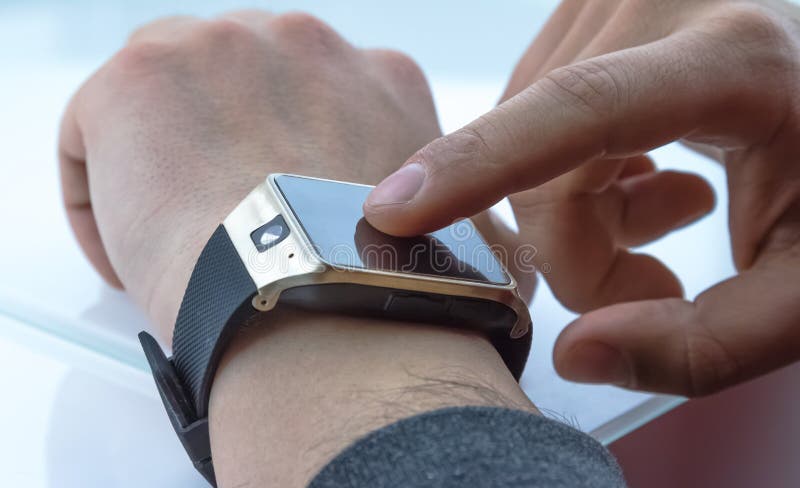 Business Man with Smartwatch App Near Computer Pc Keyboard and ...