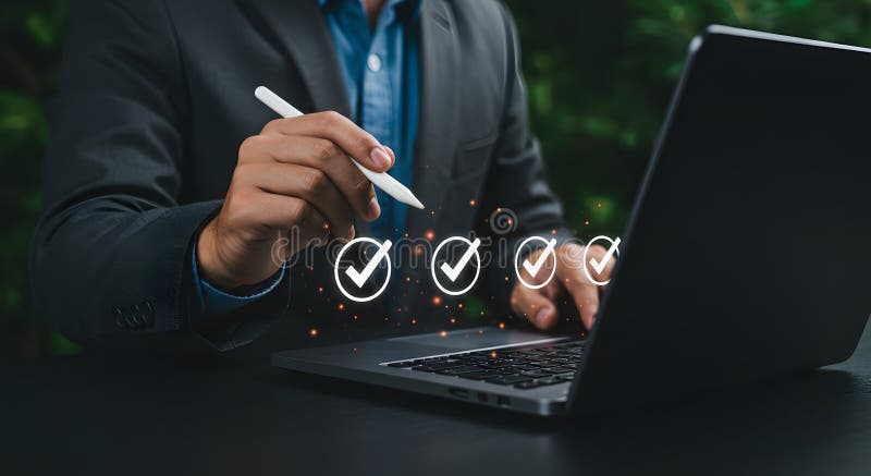 Man Using Stylus on Laptop with Check Marks Floating Above the Keyboard ...