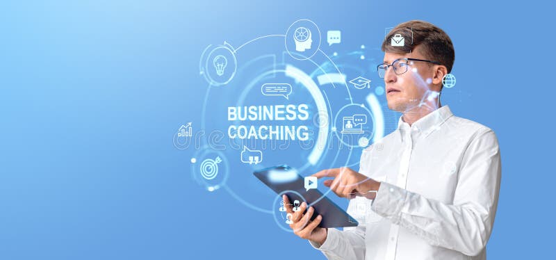 Man Using Tablet, Business Coaching Icons on Virtual Screen. Copy Space Stock Photo - Image of ...
